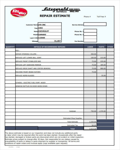 Auto Repair Estimate Template | Templateral