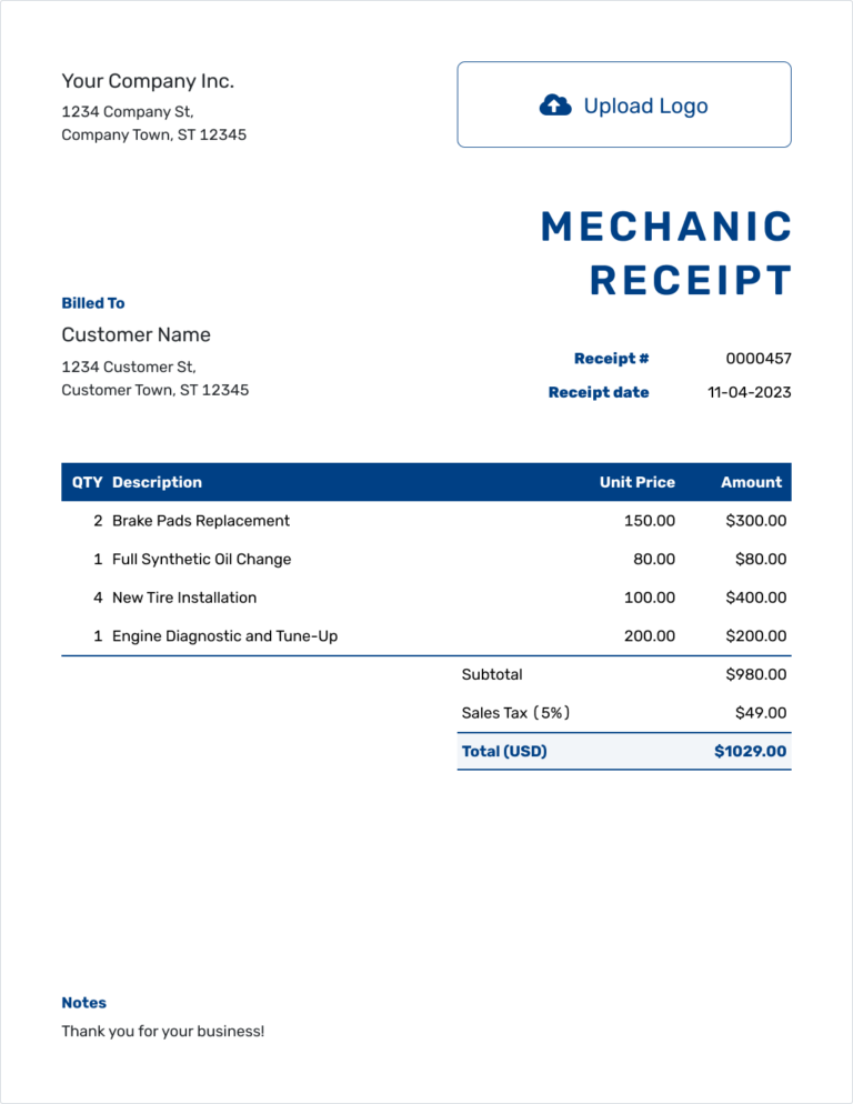 √ Free Printable Auto Repair Receipt Template