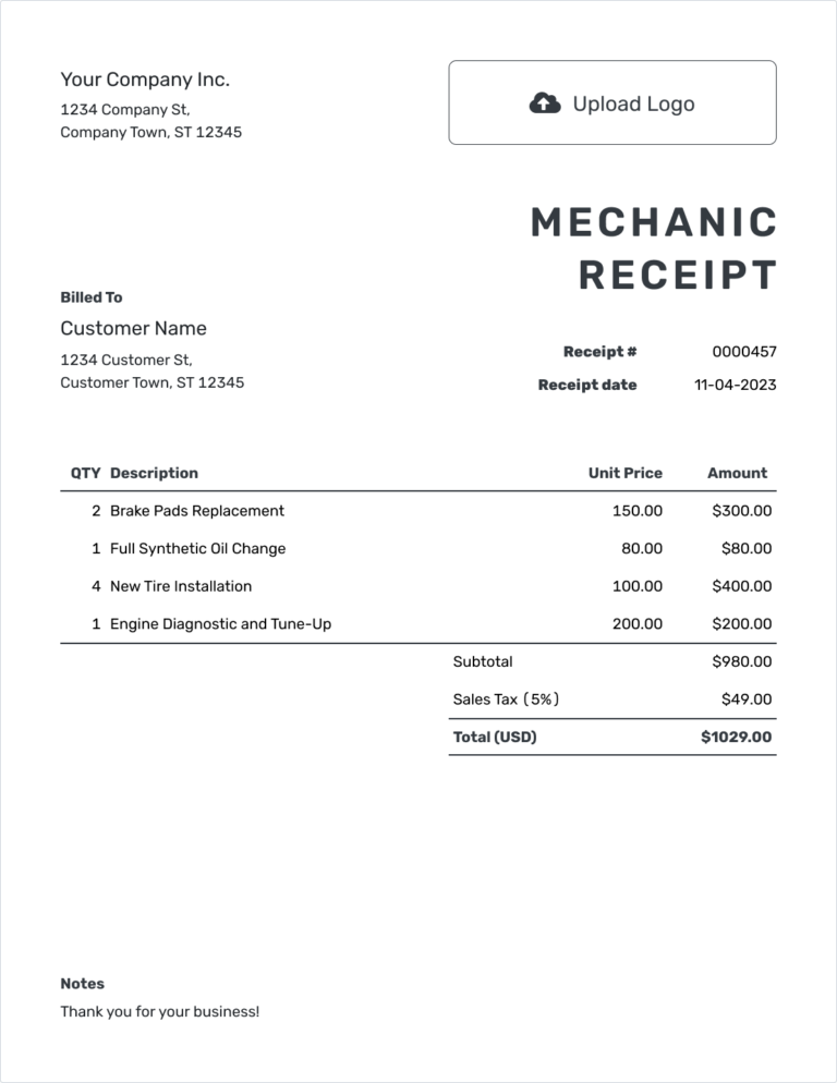 √ Free Printable Auto Repair Receipt Template