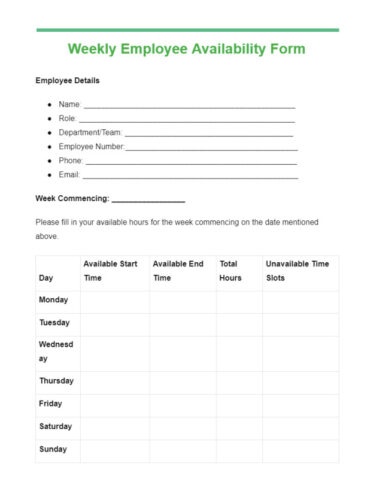 √ Free Printable Availability Schedule Template