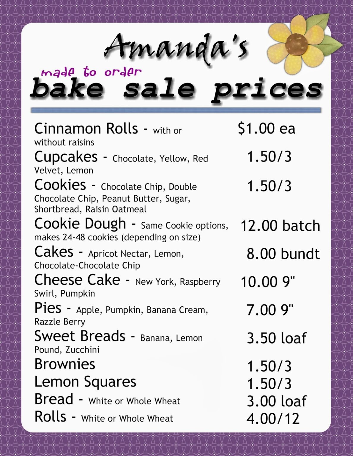 √ Bake Sale Price List Template