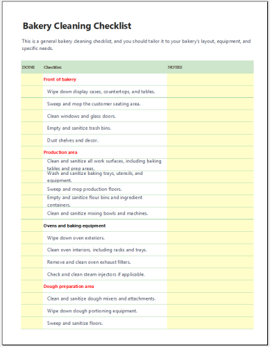 √ Bakery Cleaning Checklist Template
