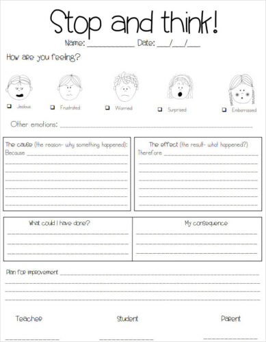 √ Printable Behavior Reflection Sheet Template