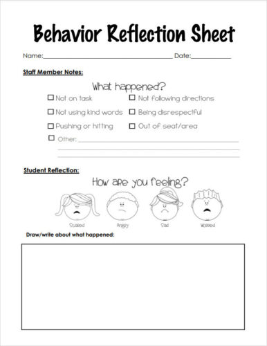 √ Printable Behavior Reflection Sheet Template