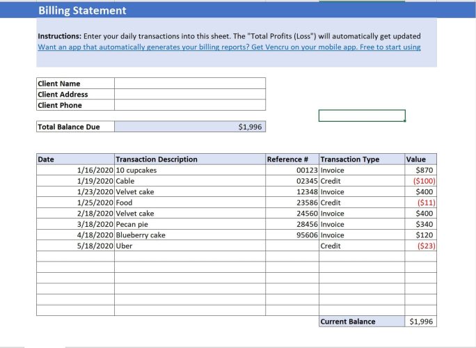 √ Billing Statement Worksheet Template (Excel)