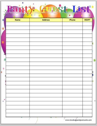 √ Birthday Party Guest List Template