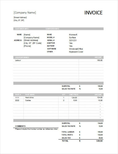 √ Printable Computer Repair Invoice Template