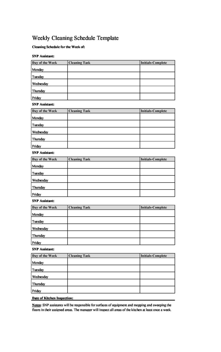 √ Weekly Cleaning Schedule Template