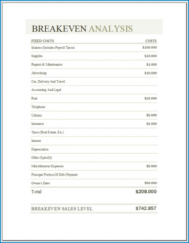 √ Free Printable Break Even Analysis Template