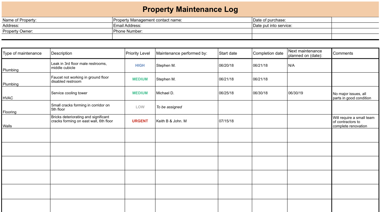 Building Maintenance Worksheet Template Example | Templateral