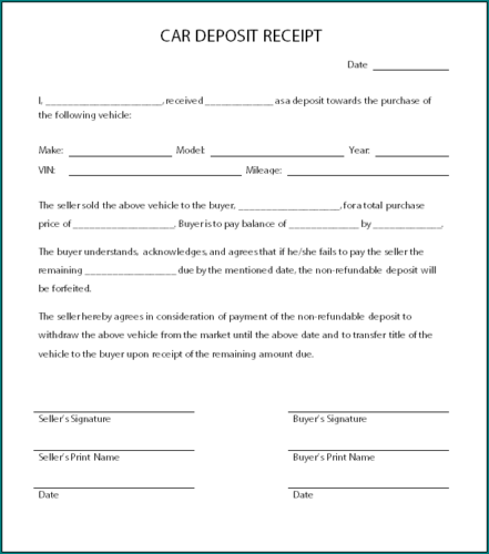 √ Printable Car Deposit Receipt Template