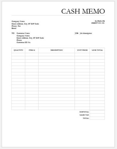 Cash Memo Format Template Example | Templateral