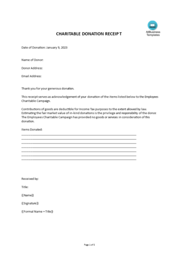 √ Charitable Donations Receipt Template