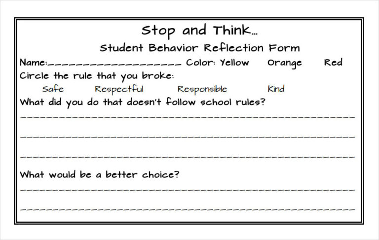 √ Printable Behavior Reflection Sheet Template