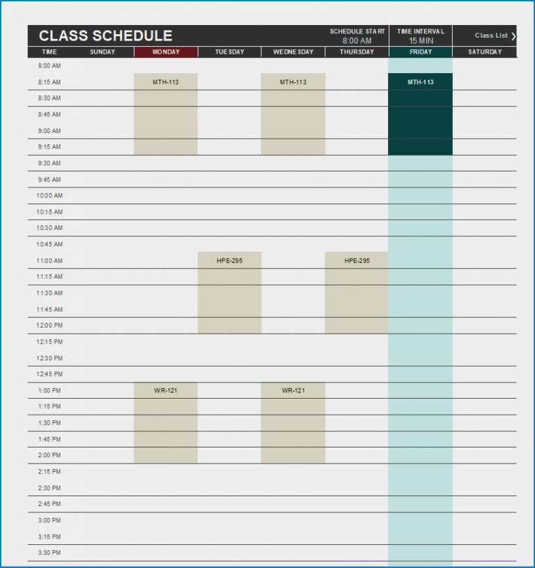 √ Free Printable College Class Schedule Template