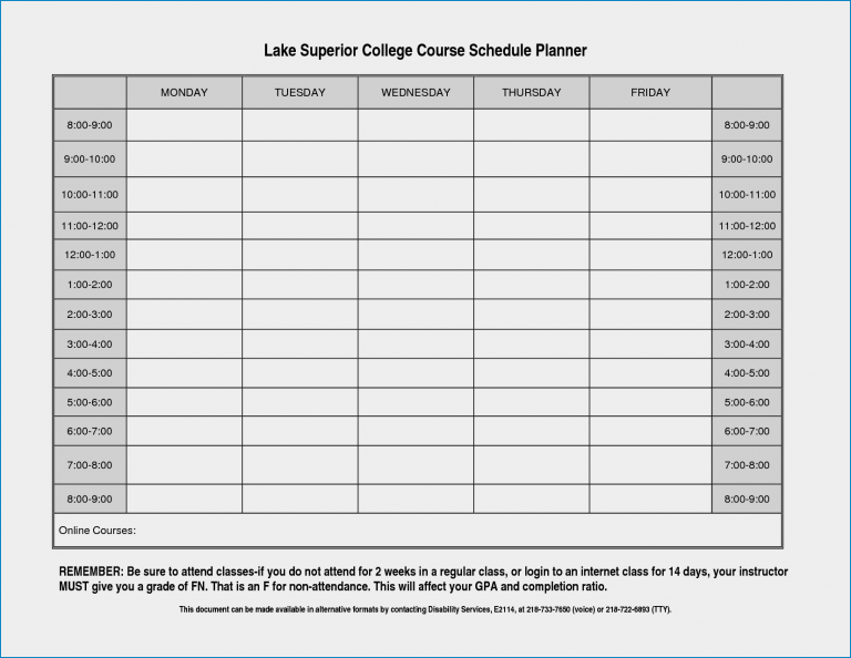 √ Free Printable College Class Schedule Template