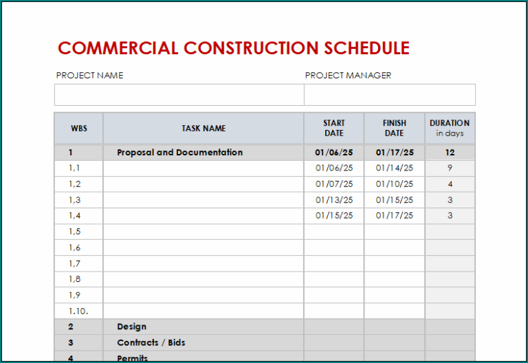 √ Commercial Construction Schedule Template (Excel)