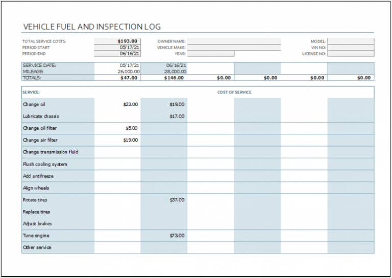 √ Company Vehicle Fuel And Inspection Log Template