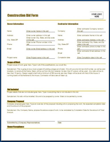 √ Free Printable Construction Bid Form