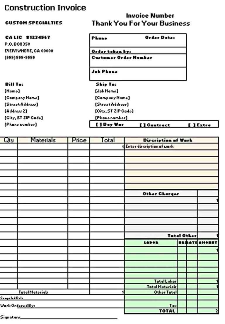 √ Construction Receipt Template