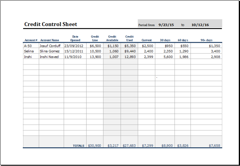 √ Credit Control Sheet With Aging Template
