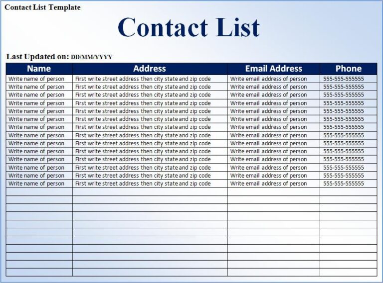 √ Printable Customer Contact List Template (Excel)