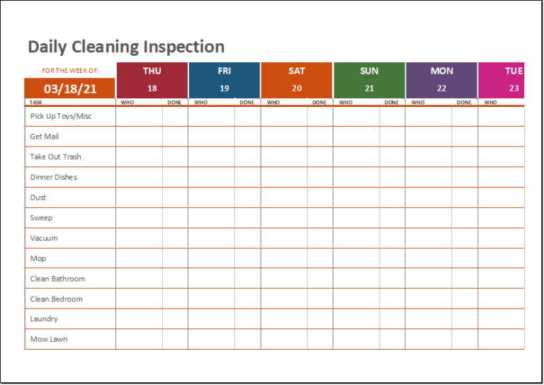 √ Daily Cleaning Inspection Sheet Template (Excel)