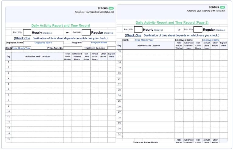 Daily Work Status Sheet Template Example | Templateral