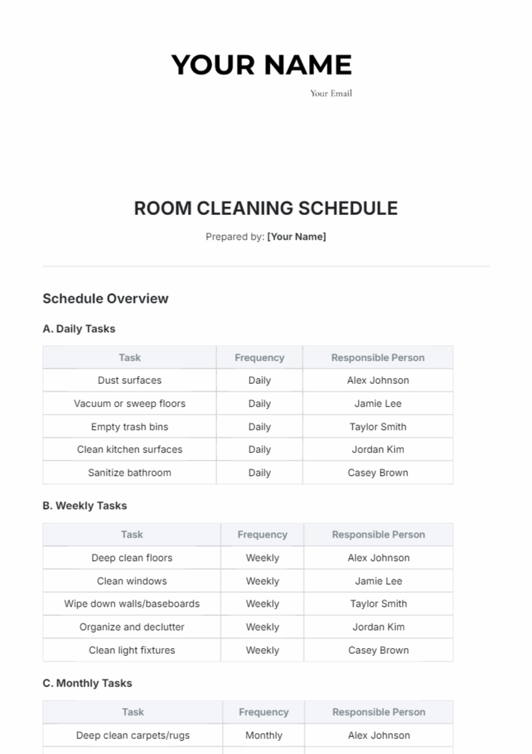 √ Deep Cleaning Schedule Template