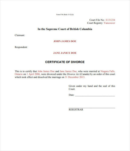 √ Free Printable Divorce Certificate Template