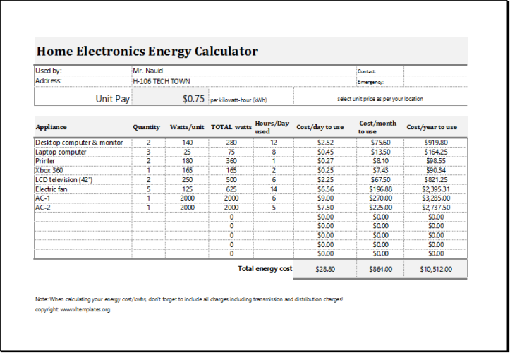 √ Electric Energy Cost Calculator Template (Excel)