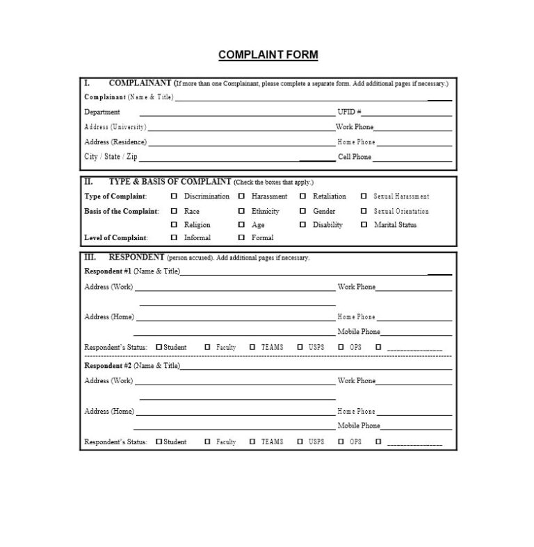 √ Employee Complaint Form Template
