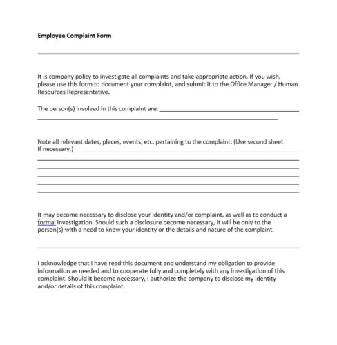 √ Employee Complaint Form Template
