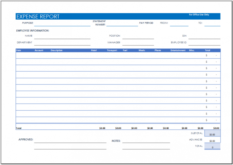 √ Employee Expense Report Sheet To HR Template