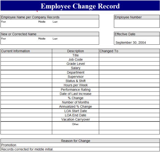 √ Employee Shift Change Record Sheet Template