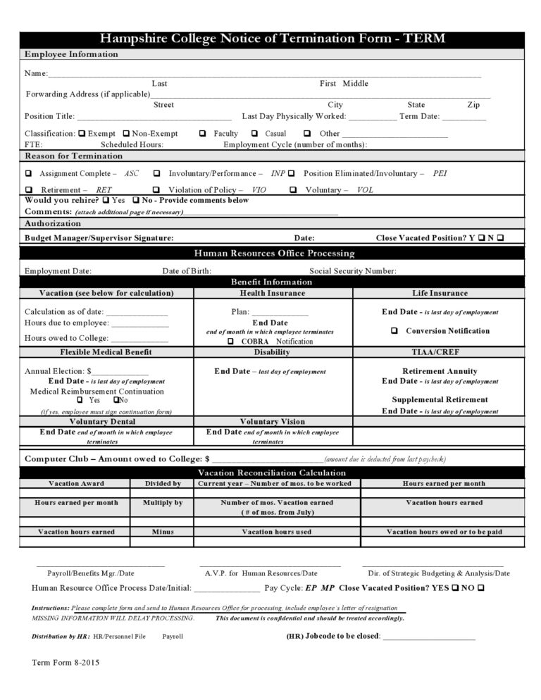 √ Free Printable Employee Termination Form