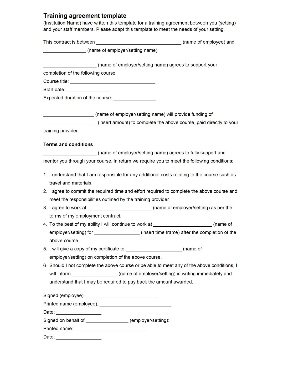 √ Printable Employee Training Agreement Template