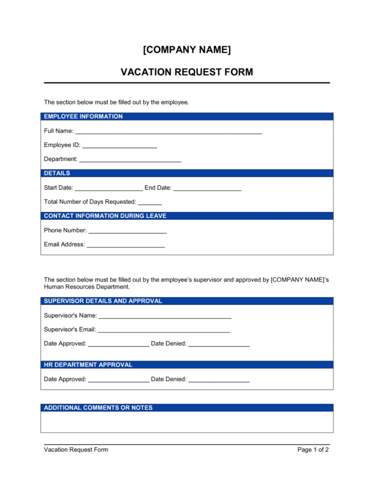 √ Printable Employee Vacation Request Form