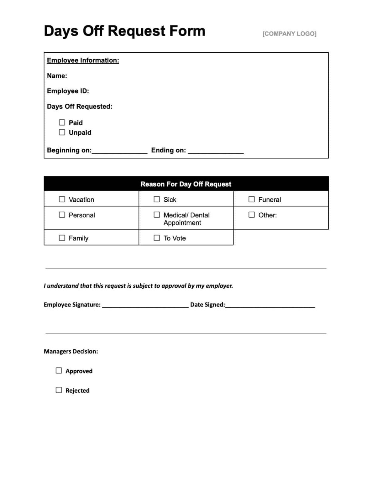 √ Printable Employee Vacation Request Form