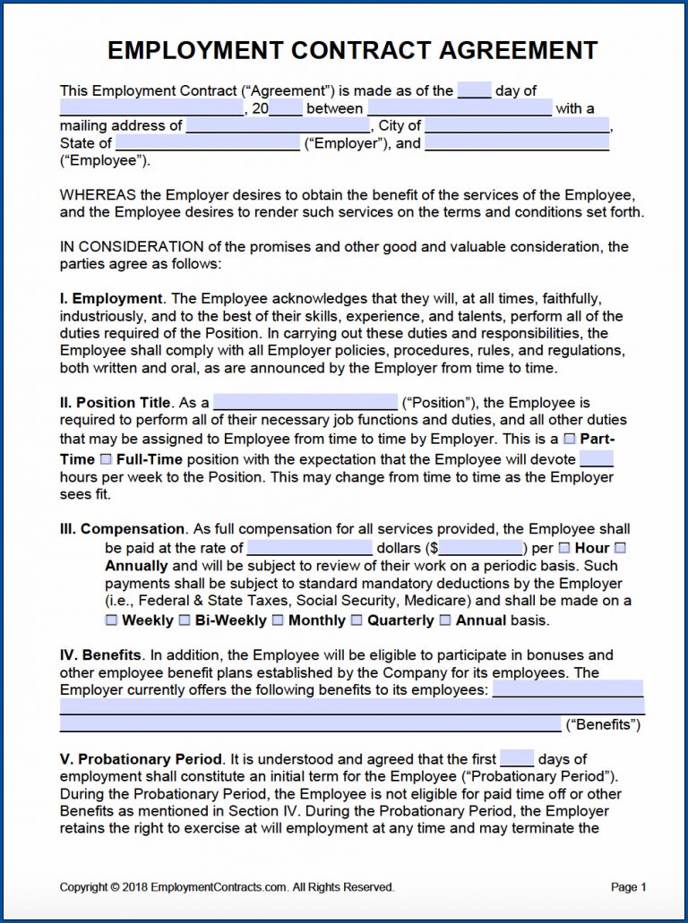 √ Free Printable Employment Contract Template