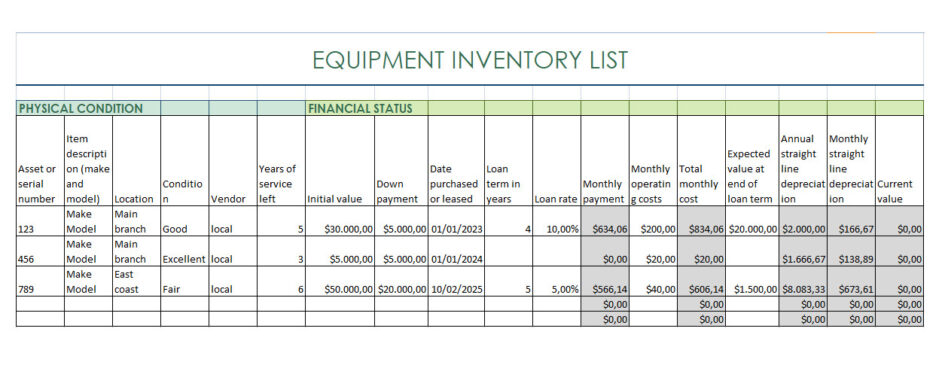 √ Printable Equipment Inventory List Template