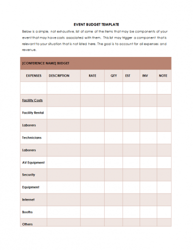 √ Free Printable Event Planning Budget Template