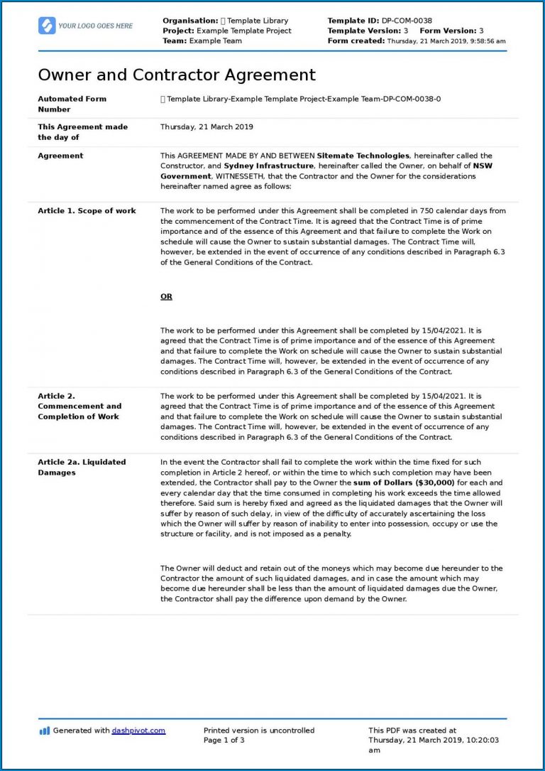 √ Free Agreement Between Owner And Contractor Pdf