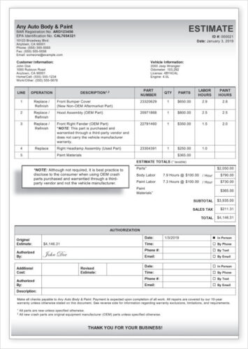 Example of Auto Repair Estimate Template | Templateral