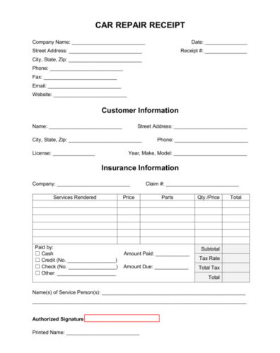 Example of Auto Repair Receipt Template | Templateral