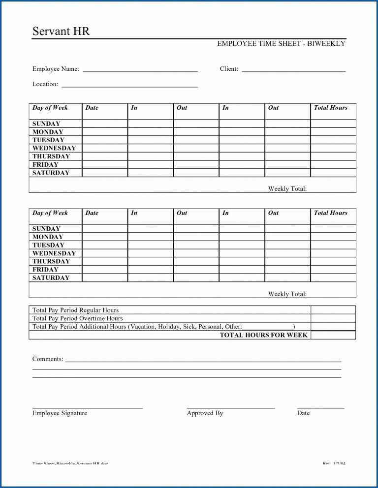 √ Free Printable Biweekly Time Sheet PDF