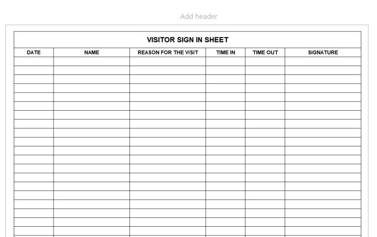 Example of Building Visitor Sign in Sheet Template | Templateral