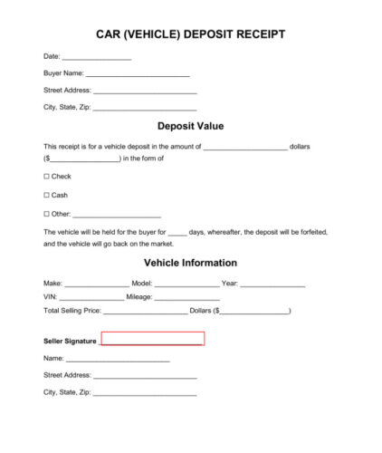 √ Printable Car Deposit Receipt Template