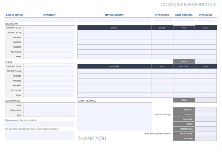 √ Printable Computer Repair Invoice Template