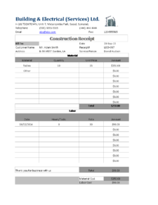 Example of Construction Receipt Template | Templateral